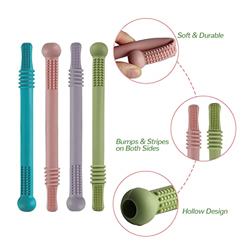 Fu Store Hollow Teether Tube, 6 Pack Chew Straw Toy for Infant Toddlers Silicone Tubes Teething Toys for Babies 3-12 Months BPA Free/Freezable/Dishwasher and Refrigerator Safe