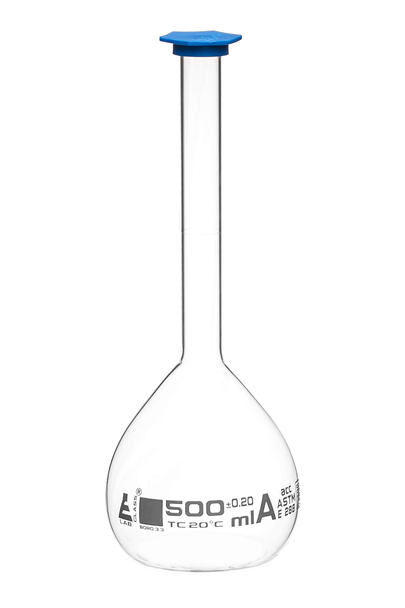 EISCO Volumetric Flask, 500ml - Class A, ASTM - Tolerance ±0.200ml - Blue Snap Cap - Single, White Graduation - Borosilicate Glass