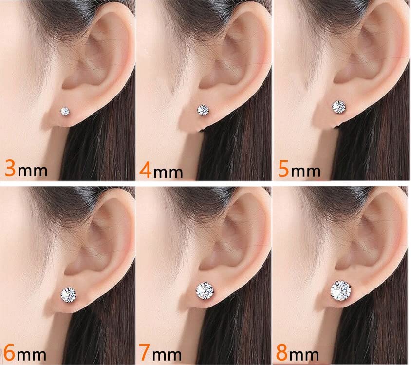 3 Pairs 925 Sterling Silver Cubic Zirconia Stud Earrings 6mm-7mm-8mm Set Men Women