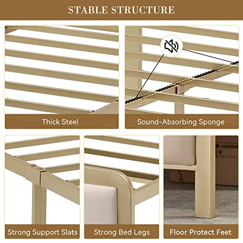 Amyove Golden Queen Size Bed Frame,Upholstered Bed Frame with Button Tufted Headboard,Heavy Duty Metal Easy Assembly,No Box Spring Needed (Beige, Queen)