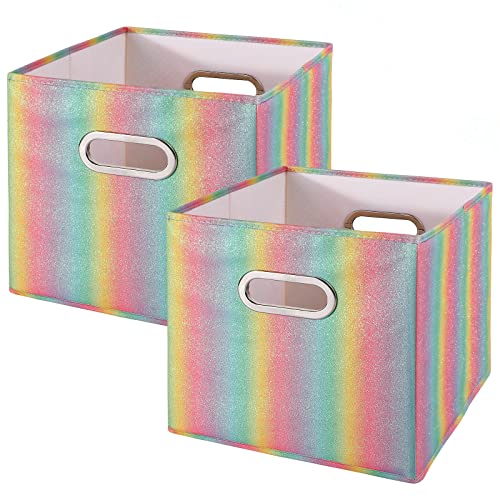 ANMINY 2 PCS Glitter Storage Cubes Shiny Sparkly Colorful Foldable Large Fabric Storage Basket Bin Box Set with Handles Decorative Desktop Closet Shelf Organizer Container - 11x 11x 11 in, Rainbow