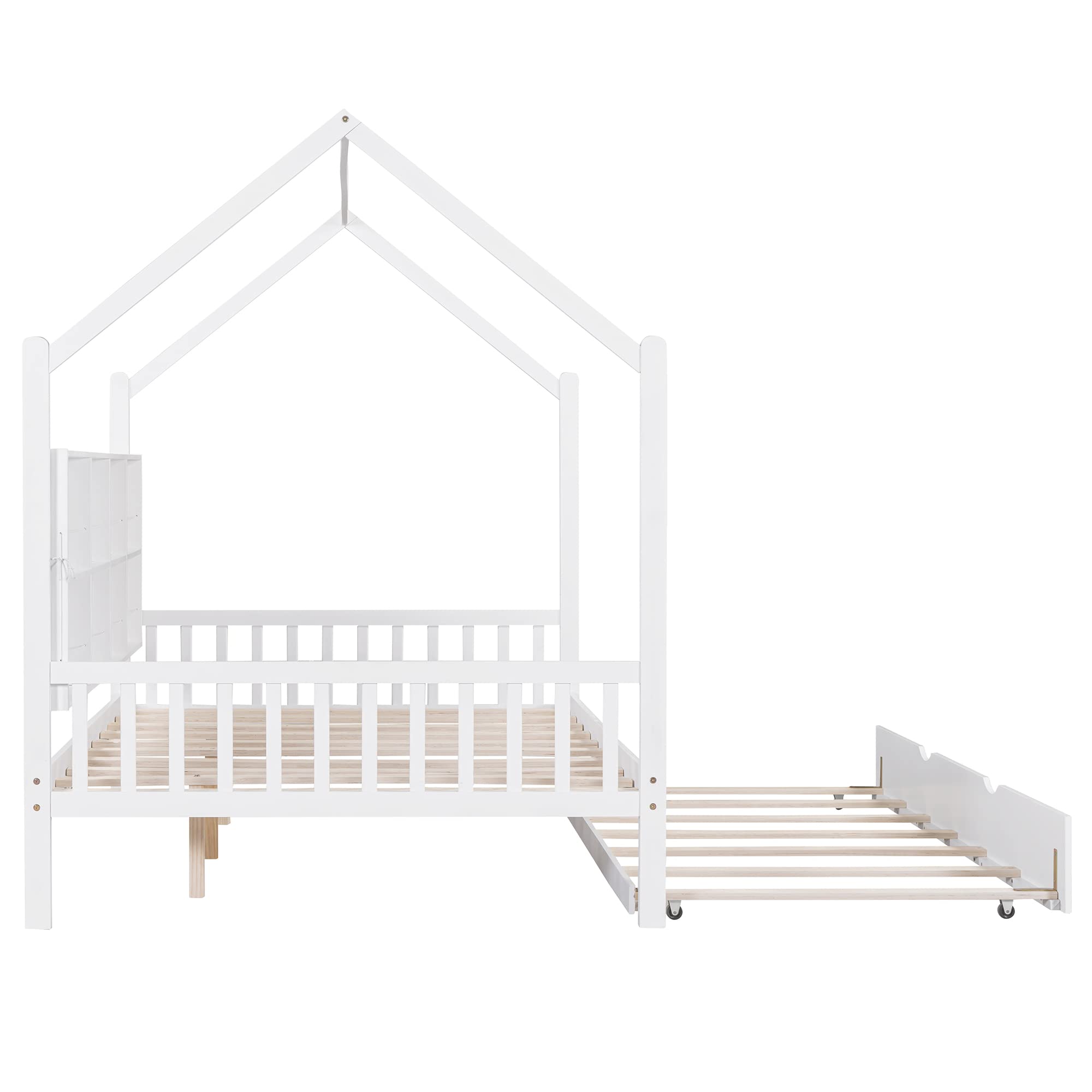Harper & Bright Designs Full Size House Bed with Trundle, Wood Full House Bed Frame with Shelf Compartment, Full House Bed for Kids with Roof for Girls, Boys,No Box Spring Needed, White