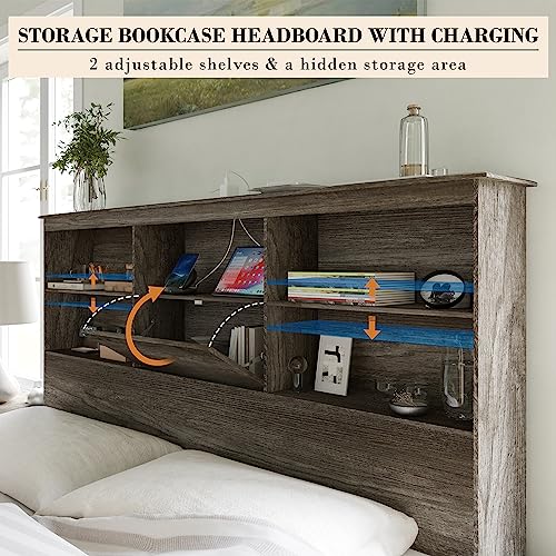 AMERLIFE King Size Bed Frame Wooden Platform Bed with 51.2'' Storage Bookcase Headboard, 4 Storage Drawers & Charging Station/No Box Spring Needed/Noise Free/Rustic Grey,WBF-142