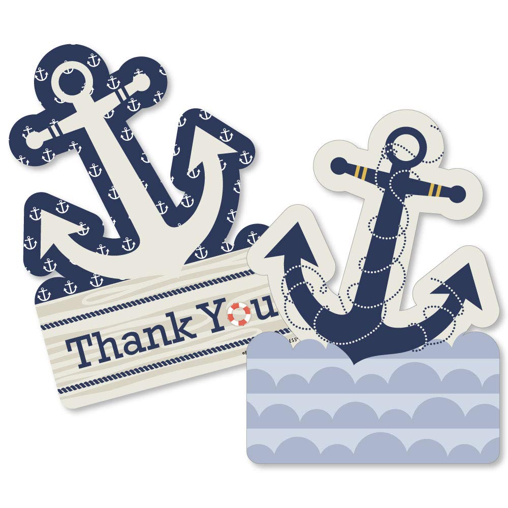 Big Dot of Happiness Ahoy - Nautical - Shaped Thank You Cards - Baby Shower, Birthday Party Thank You Note Cards with Envelopes - Set of 12