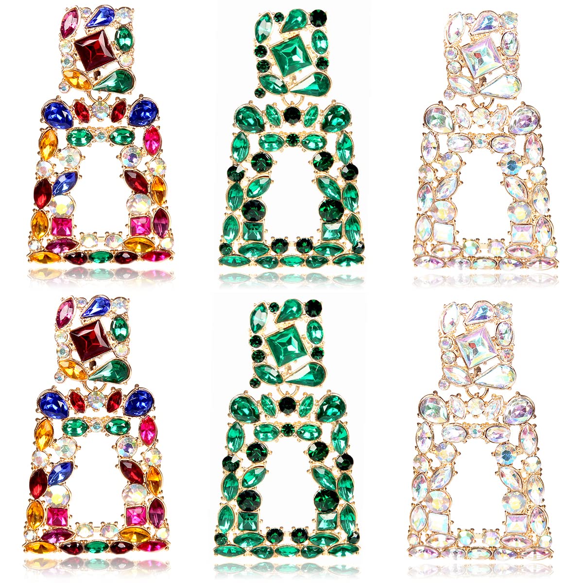 3 Pairs Rhinestone Rectangle Earrings, Crystal Geometric Statement Earrings for Women KELMALL COLLECTION