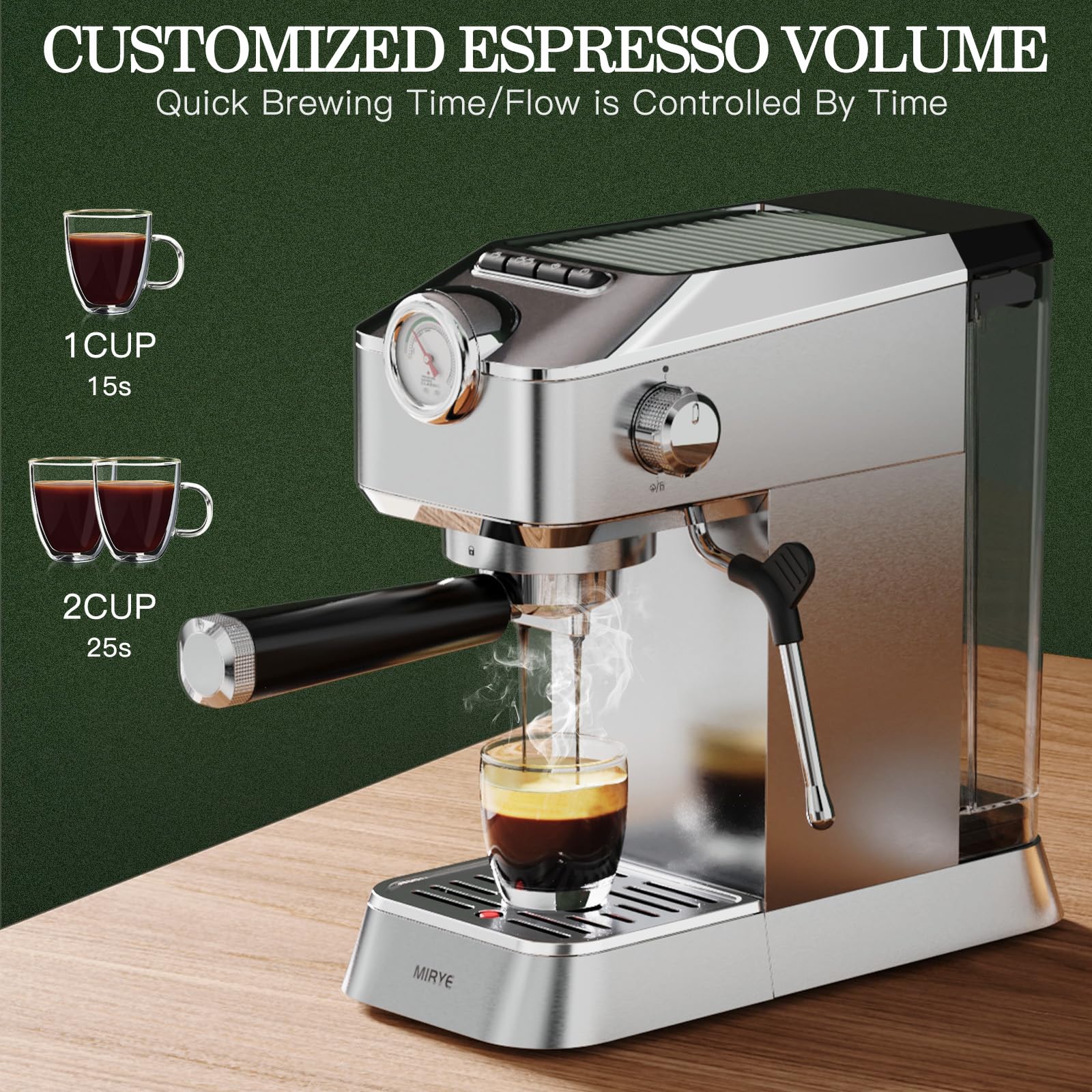 MR MIRYE Espresso Machine, 20 Bar Stainless Steel Espresso Maker Silver Coffee Machine for Home or Office With Removable Water Tank, Measuring Spoon, Brewing Filter, Milk Cup, Milk Frother Steam Wand