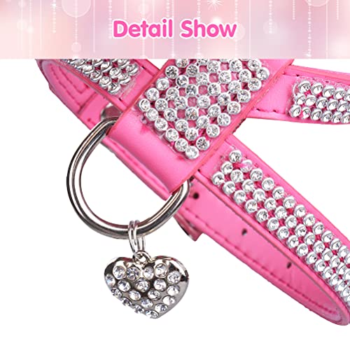 EXPAWLORER Dog Harness Genuine Leather Soft Padded Pet Sparkly Rhinestone Vest with Heart Pendant for Puppy Cat, Pink (S, Pink)