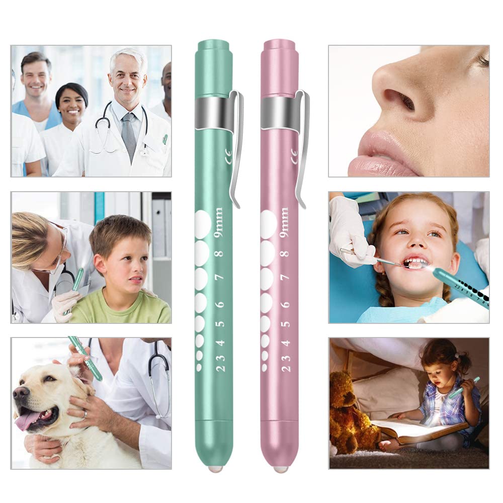 FITA Medical Pen Lights for Nurses Doctors, 2 Pack Reusable Penlight LED Tactical White Light with Pupil Gauge and Ruler, Replaceable Batteries (Pale Pink/Teal Green)