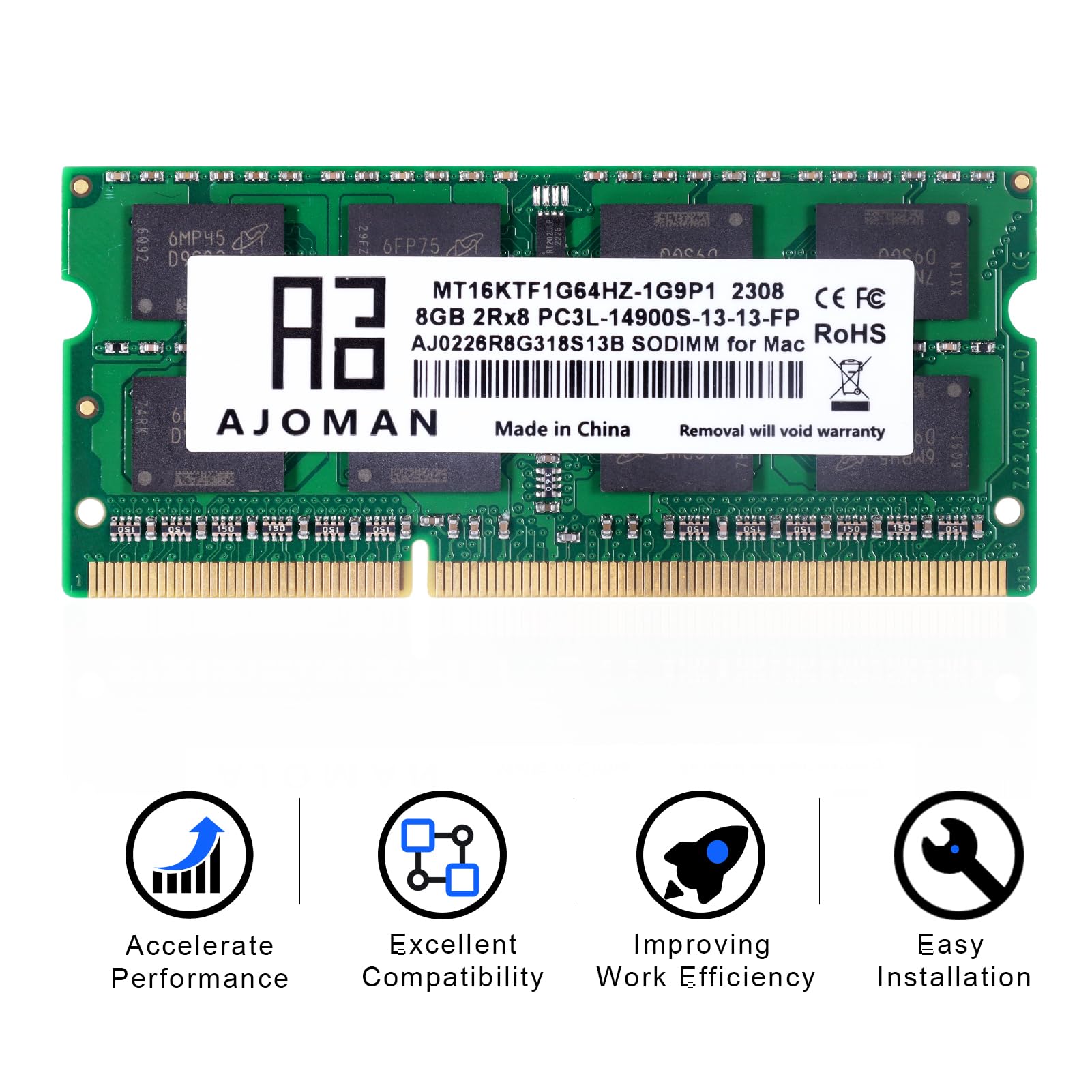 AJOMAN 8GB PC3L-12800S DDR3L 1600MHz Laptop Ram Non-ECC Unbuffered 1.35V DDR3 SODIMM CL11 2Rx8 Dual Rank Notebook Memory