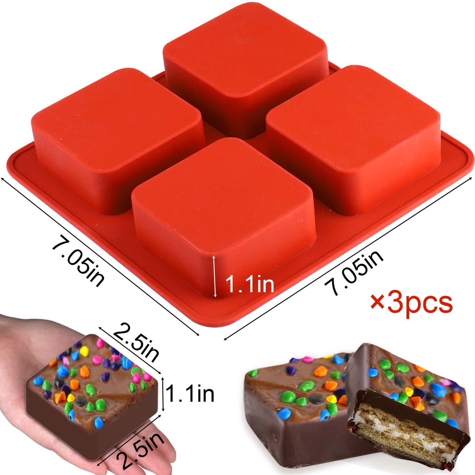 AIERSA 3Pcs Chocolate Covered Cookie Molds for S'mores, 4 Cavity Square Silicone Mold for DIY Sandwich Cookies, Brownies, Muffin, Mousse, Cakes, Candy, Chocolate