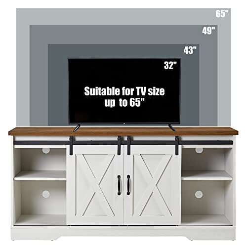 AMERLIFE 4-Piece Farmhouse Table Set Includes Sliding Barn Door TV Stand, Coffee Table& Two End Tables, Side Table with Charging Station and USB Ports, for Living Room, Bedroom, Distressed White, 59β