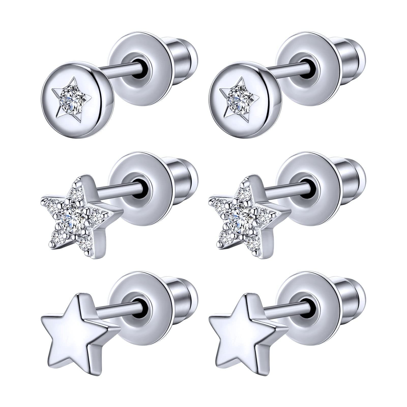 3 Pairs Star Stud Earrings for Women and Menďź14K Gold Plated Dainty Tiny Hypoallergenic Cartilage Cubic Zirconia Earrings Set (White Gold)