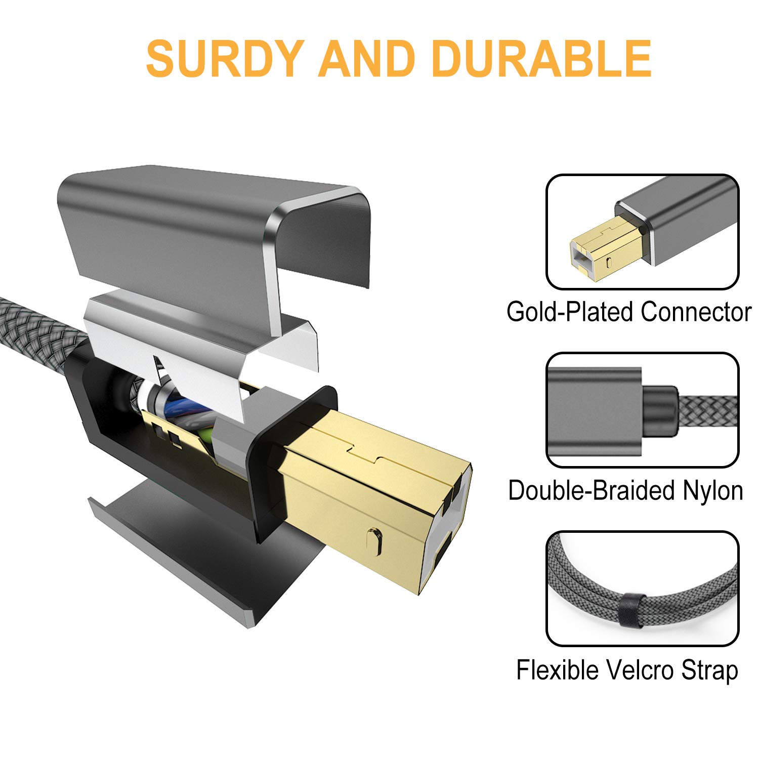 USB C Printer Cable 15ft, AkoaDa USB B To USB C Cable Compatible With MIDI, Piano, MacBook Pro, iPad Pro, HP Canon Printers, Lexmark, Brother, Xerox, MacBook Air And More Type-C Devices/Laptops (Grey)