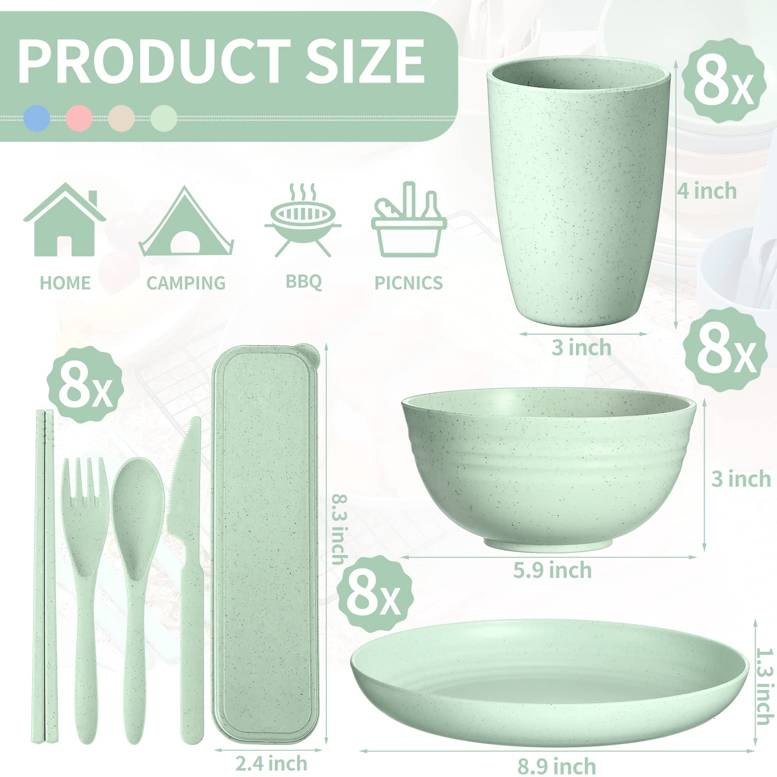 64 Pcs Wheat Straw Dinnerware Sets Unbreakable Dinnerware Set Plastic Dishes Set Reusable Lightweight RV Camping Bowls Dishes Plates Cups Set Microwave Safe Dinnerware for Kitchen Indoor