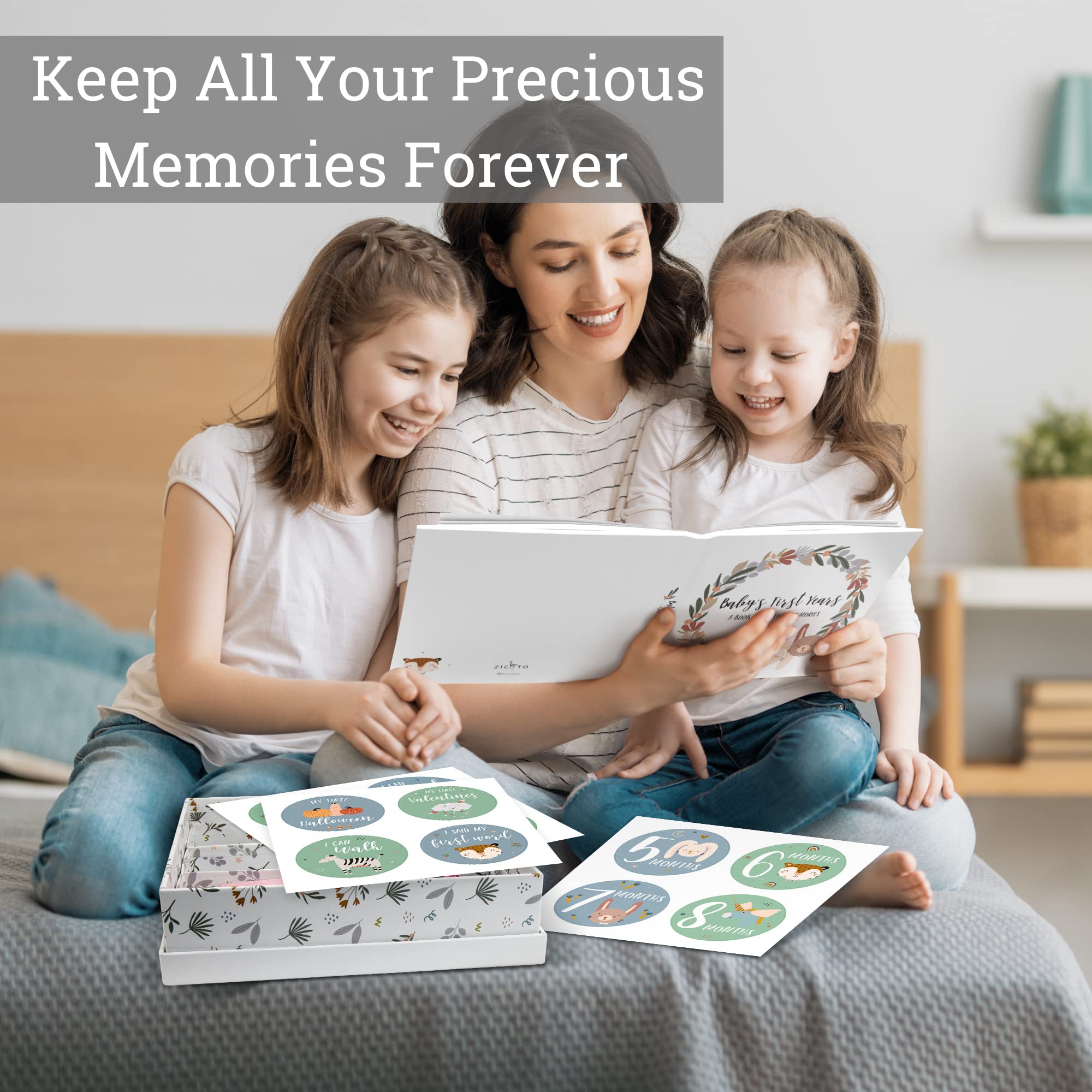 ZICOTO Keepsake Baby Memory Book - 100-Page Scrapbook with 5 Small Boxes for Precious Memories and Milestones from Pre-Birth to 1st Birthday