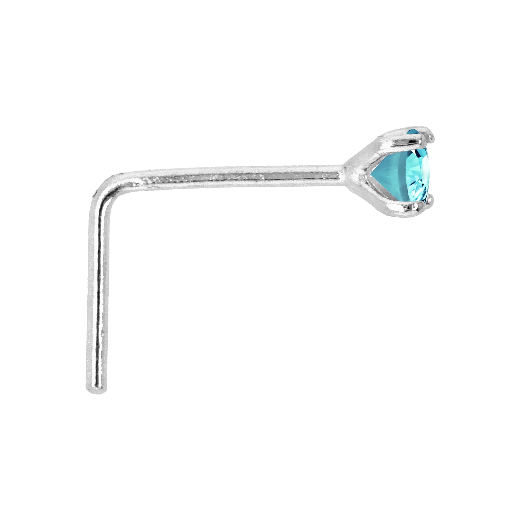 22G Solid 14Kt Gold L-Shape Nose Stud with real Blue Topaz Gemstone, 14kt Yellow Gold or 14kt White Gold Prong Setting - December Birthstone Nose Ring-LSWG_TP-2.5MM