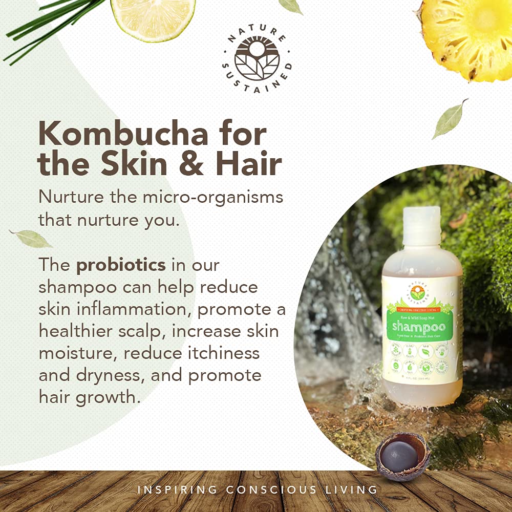 Nature Sustained Organic Shampoo - Raw & Wildcrafted with Probiotics, Hypoallergenic Natural & Sulfate Free Shampoo for Sensitive Scalp, Dry Hair, Dandruff, Eczema & Psoriasis, 9oz, Lemongrass