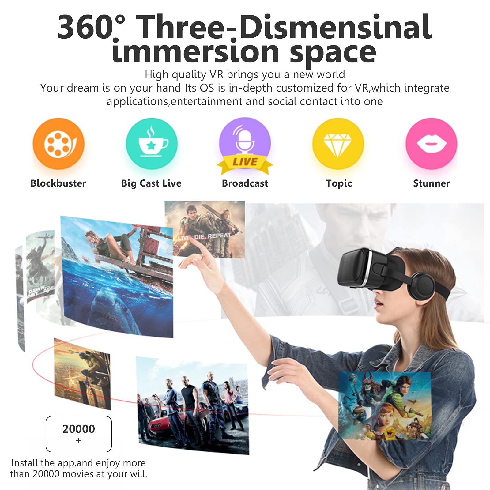 360° VR Headset with Remote Controller Compatible with iPhone and Android Phones,Adjustable 3D VR Glasses Goggles,Virtual Reality Headsets Goggles for Kids and Adults