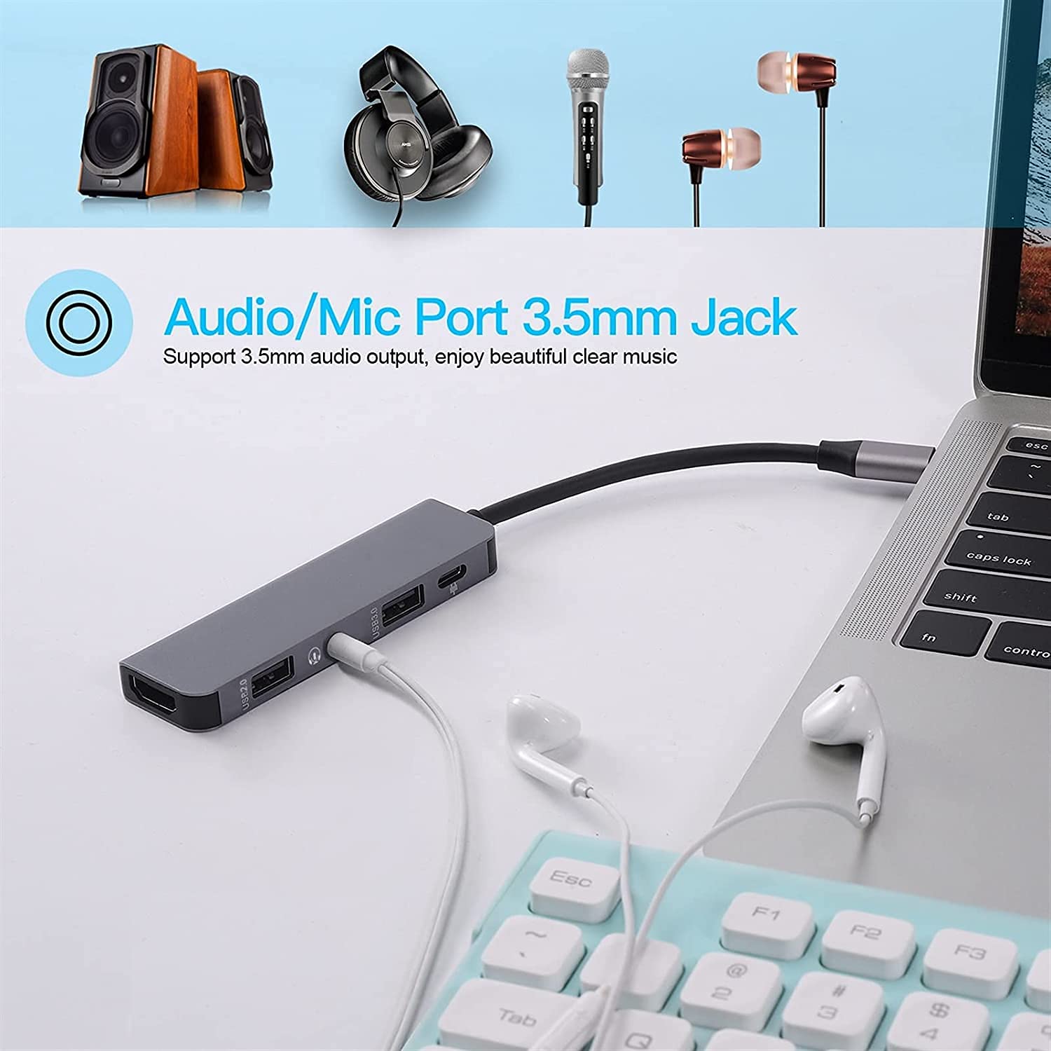Type-c Docking Station, 5-in-1 Hub Usb3.0 3.5mm Audio Hdmi Pd Fast Charge Compatible with Windows Xp/Vista, Win 7/win8/win 10, Mac Os, Linux, Android (Silver) (Silver)