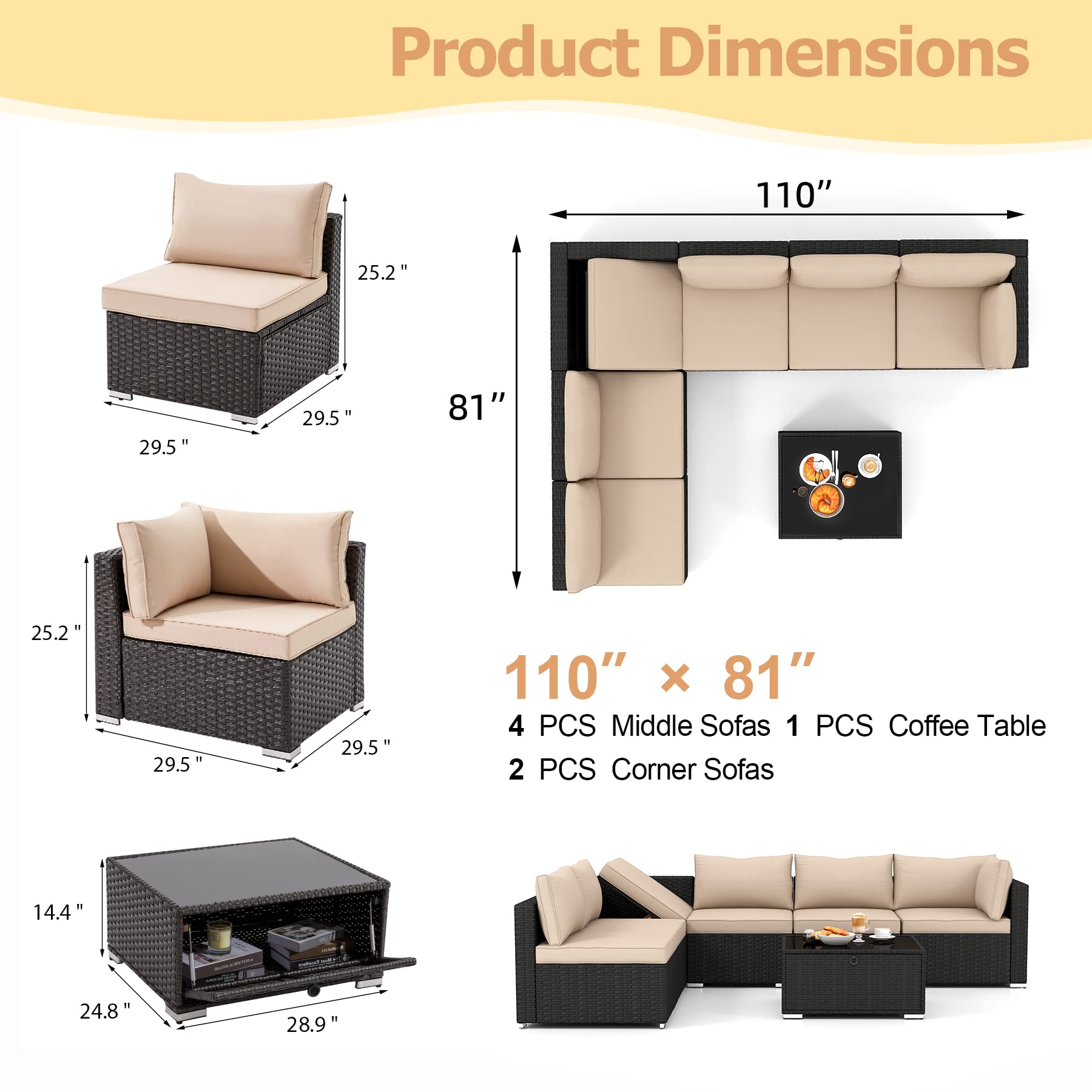 RYNSTO 7 Piece Patio Furniture Set with Adjustable Bracket Brown Rattan Wicker Patio Conversation Sets Sectional Sofa Set with Table and Cushions for Porch Lawn Garden, Beige