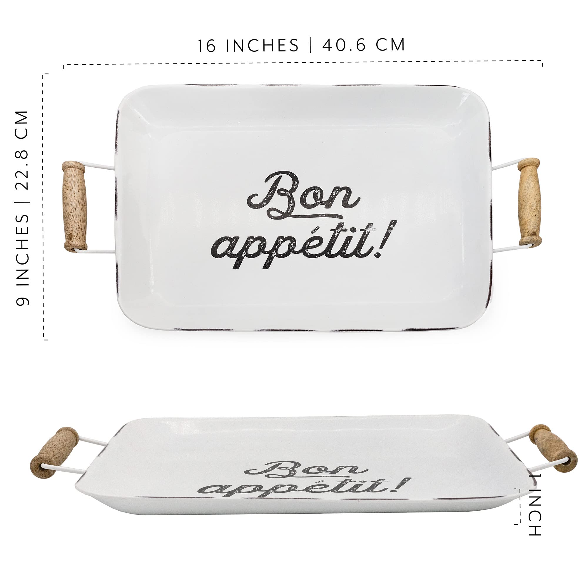 AuldHome Enamelware Bon Appetit Tray (White); Distressed Farmhouse Style Metal Decorative Serving Platter