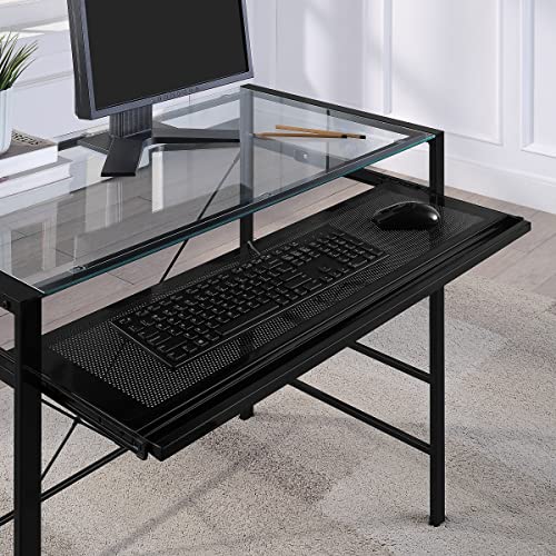 OSP Home Furnishings Zephyr Computer Desk with Keyboard Shelf and Tempered Glass Top, Clear Glass and Black Frame, 36" W x 20" D x 30.25" H