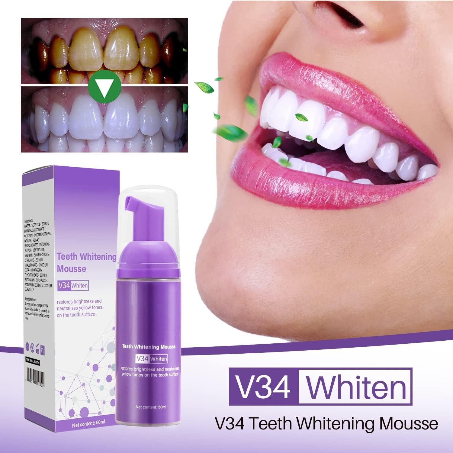 AKARY Teeth Whitening Mousse, Refreshing Breath Deep Cleaning Foam Toothpaste Natural Mouth Wash Water, Purple Teeth Whitening Toothpaste Ultra Fine Mousse Foam