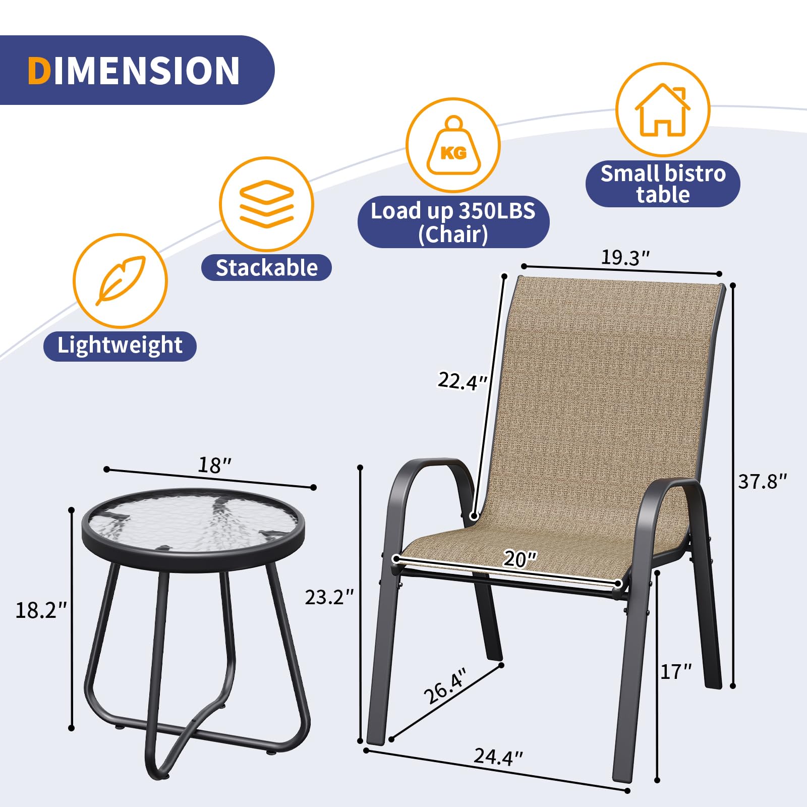 Amopatio 3 Piece Patio Set, Outdoor Stackable Dinging Chairs for All Weather, Breathable Garden Outdoor Furniture for Backyard Deck, Brown