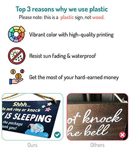 Funplus Baby Sleeping Sign for Front Door - Do Not Knock or Ring - 10″x5″ PVC Plastic Hanging Sign,Please do not knock or ring the bell, it upsets the dog, which upsets the baby, which upsets mom
