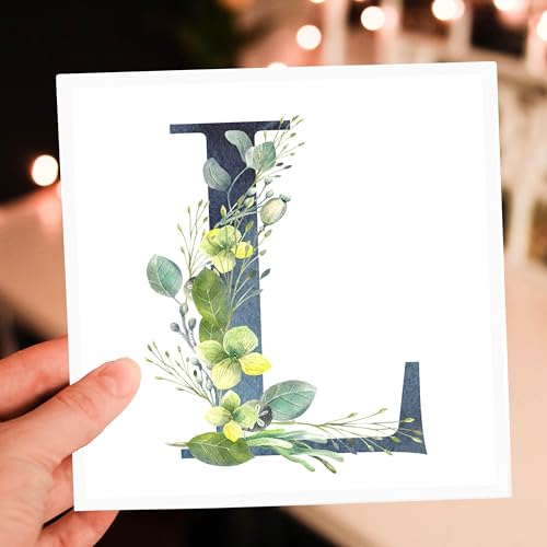3dRose Greeting Card - Blue Monogram Initial L With Pretty Yellow Wild Flowers - Floral Monograms
