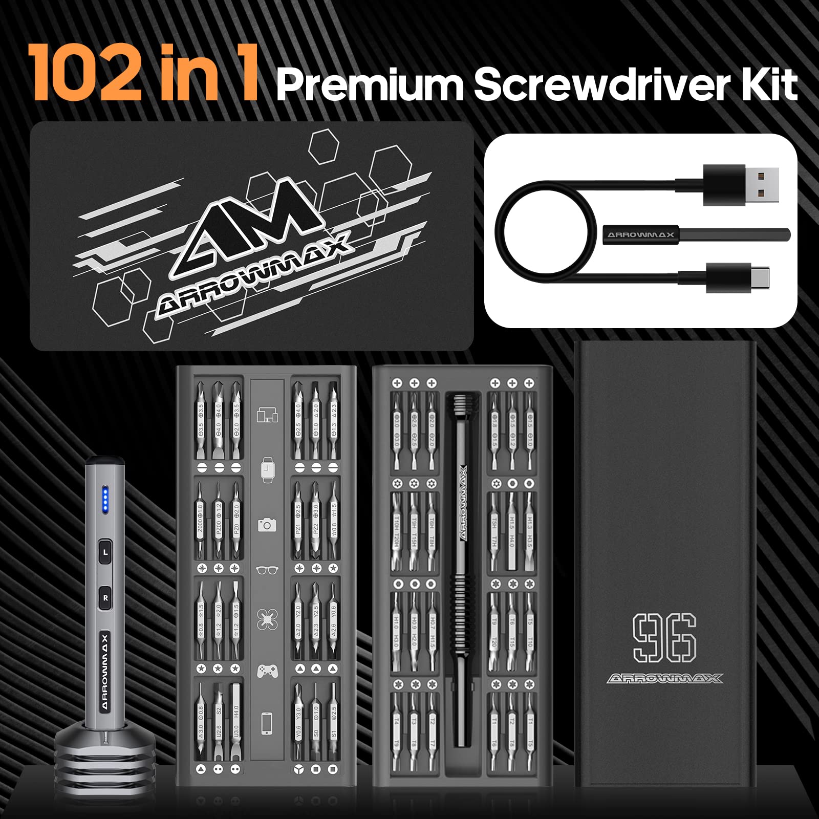 AM ARROWMAX Electric Screwdriver, 102 in 1 Precision Screwdriver Set w/ 96 Magnetic Bits, Red Dot, IF Winning Design, Rechargeable Mini Cordless Screwdriver for Phone, Laptop, Watch, RC (Space Grey)