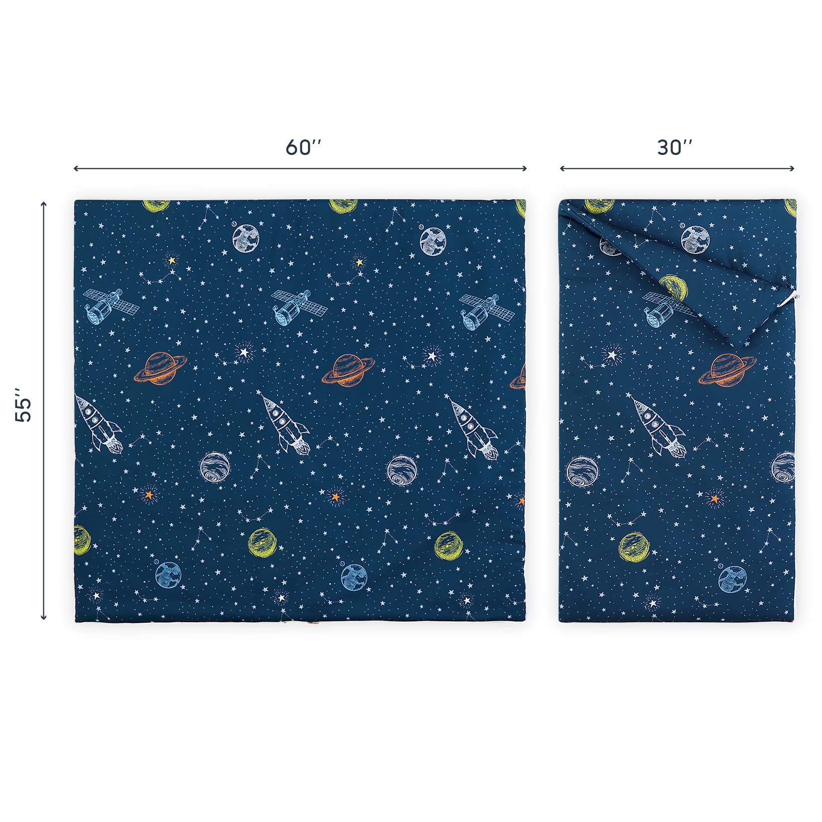 Wake In Cloud - Sleeping Bag Zippered, Nap Mat with Matching Pillow for Kids Boys Girls Sleepover Overnight Travel Slumber Bag, Rockets Stars Galaxy Space Planet on Navy Blue, 100% Soft Microfiber