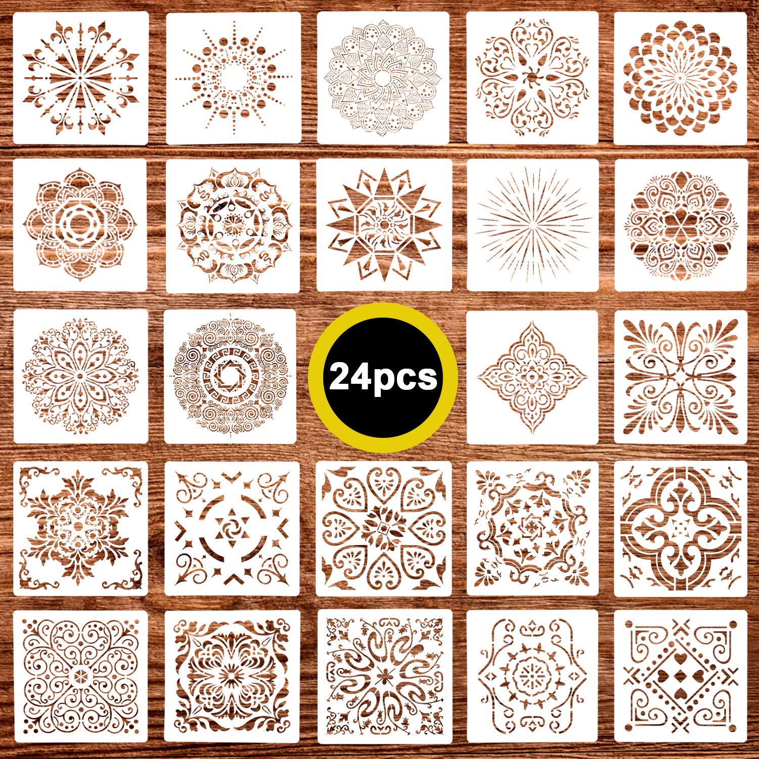24 Pack (6x6Inch) Painting Drawing Mandala Dot Stencil Template for DIY Rock Painting Art Projects, Reusable