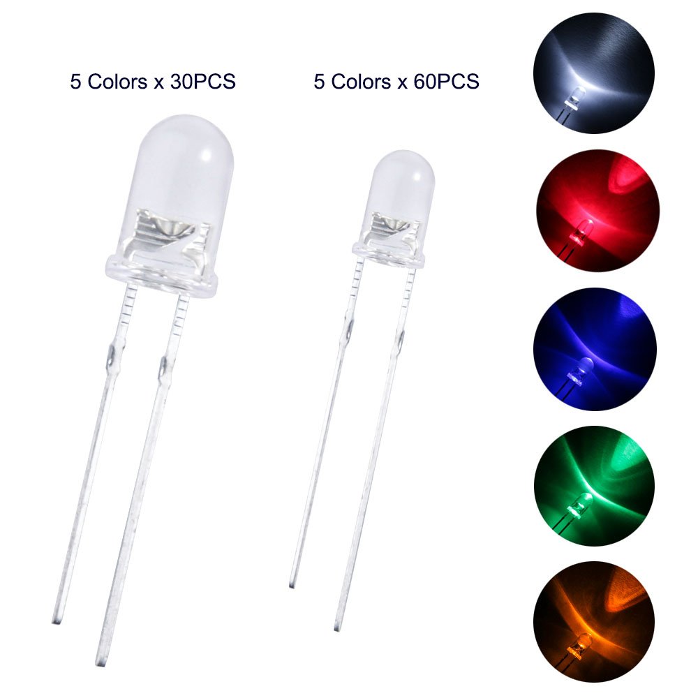 ELEGOO 3mm and 5mm Diffused and Clear Assorted LED Kit 5 Colors Pack of 600 Compatible with Arduino