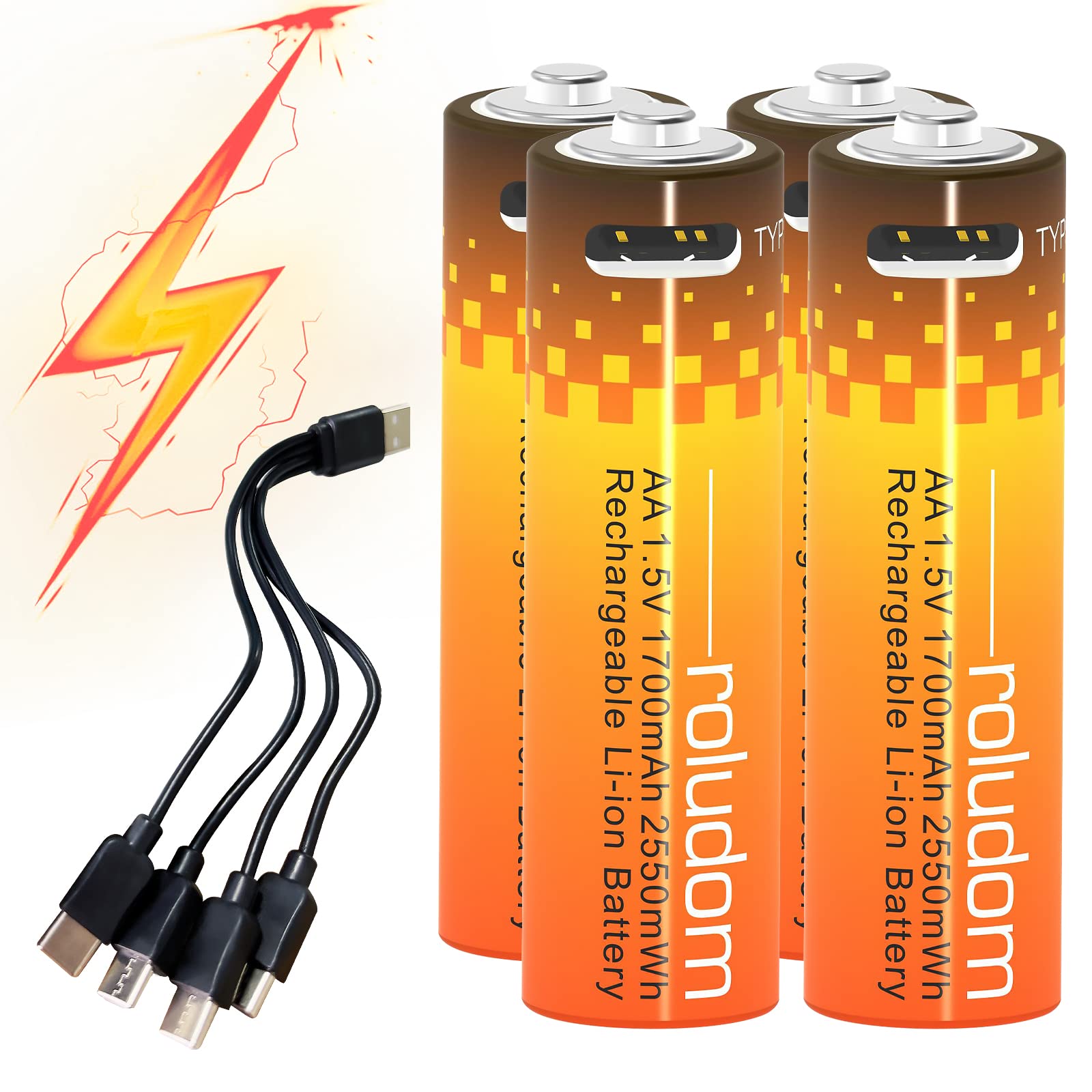 Roludom AA Rechargeable Batteries 1.5V / 2600mAh, USB-C AA Battery Lithium-ion Battery, 1.5h Fast-Charge,Not Need Extra Batteries Charger, The Battery can be Recycled 1200 Times-4 Pack
