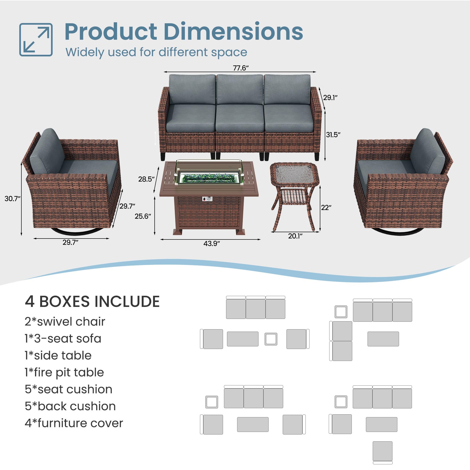 Amopatio Patio Furniture Set with Fire Pit Table, Outdoor Furniture Sectional Sofa with Swivel Chairs, Modern Conversation Sets for Balcony Backyard, Grey(Include Waterproof Covers )