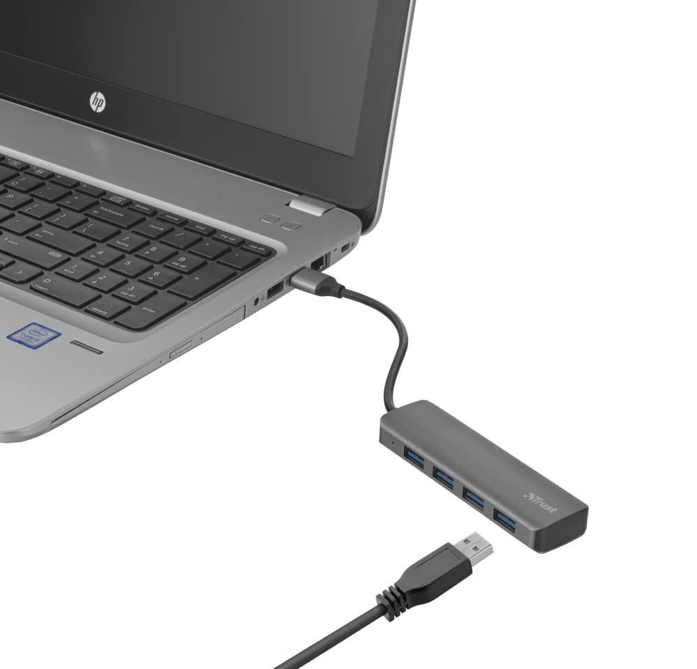 Trust Halyx 4 Port USB 3.2 Gen1 Hub, Extra USB-A Ports, 5 Gbps Data Transfer Speed, Hub for PC, Laptop, Computer with USB-A Port, Compact Hub, Widows, Mac, Chrome - Grey