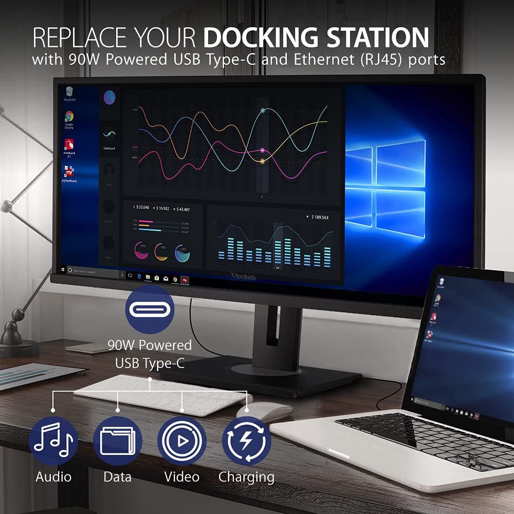 ViewSonic VG3456 34 Inch 21:9 1440p Monitor with Ergonomics Design, USB C, FreeSync, Docking Built-in (Renewed)