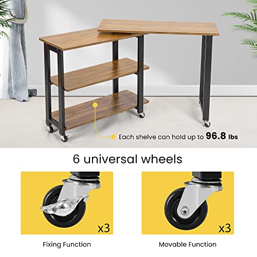 VIVOHOME Sofa Side Table 360° Rotating Mobile End Table Movable Laptop Table with 2 Tiers Storage Shelves 6 Universal Casters for Home Office