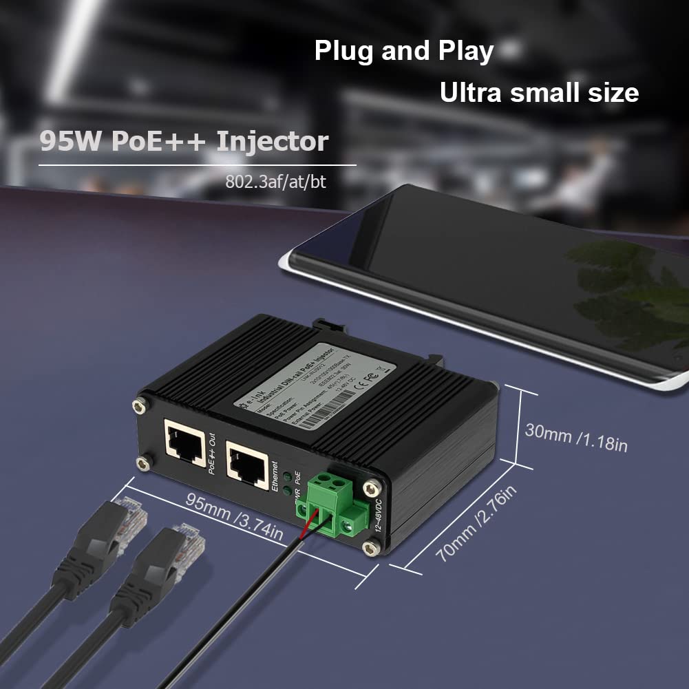 Elenzk Industrial Gigabit PoE++ Injector Hardened IEEE802.3at/bt 95W PoE Adapter with 12-48VDC Input DIN-Rail and Wall Mount