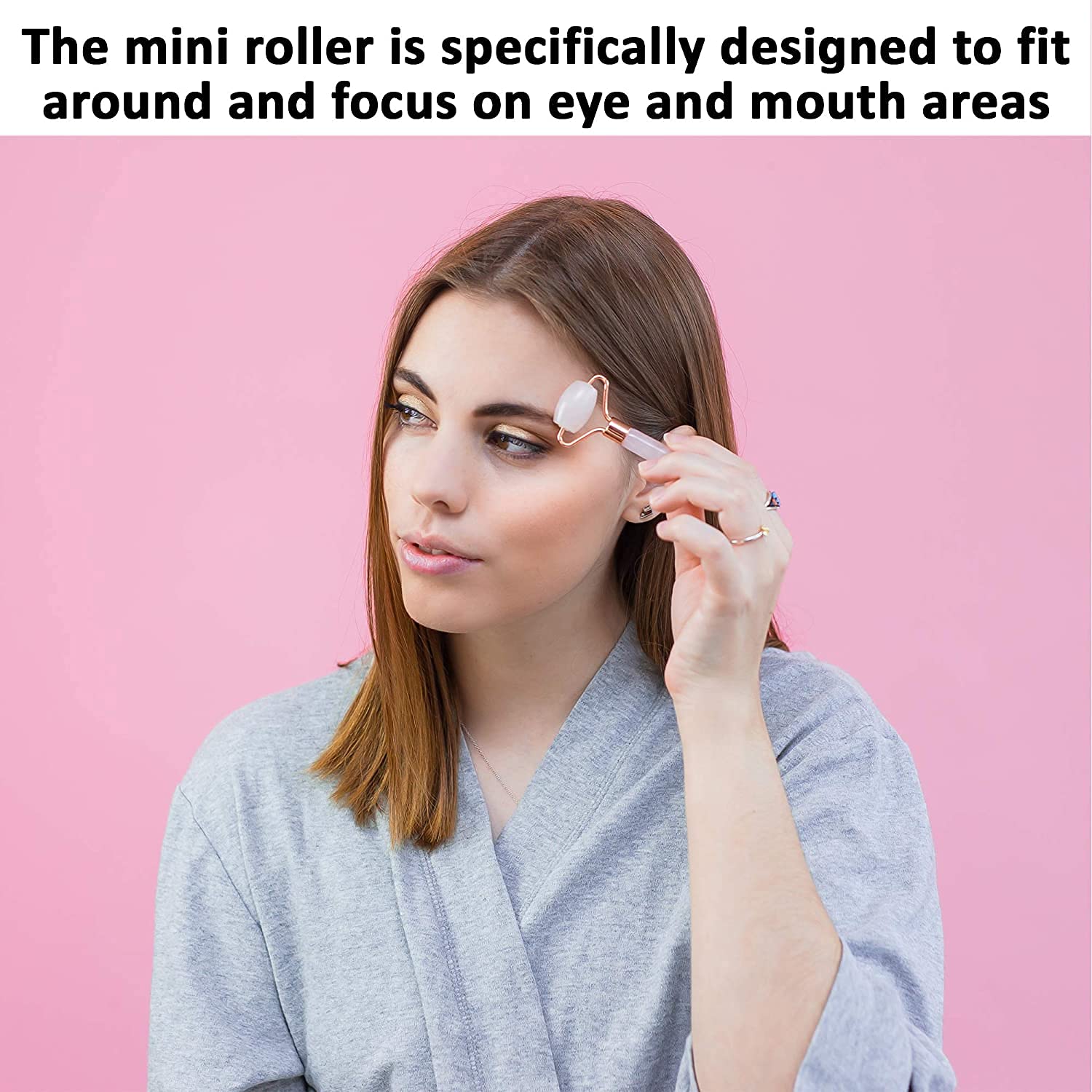 Rose Quartz Roller with Gua Sha, Mini Eye Roller set - Jade Roller for Face - Face Roller 100% Natural Authentic Crystal - Face Massager, Facial Roller for Skin Care, Eyes, Neck - Tones, Firms, Depuff