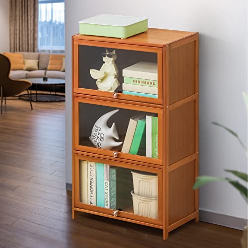 MoNiBloom 3 Tier Book Cabinet with Acrylic Doors, Bamboo Display Shelf Organizer Stand for Children's Student, Hallway, Home, Office, Brown
