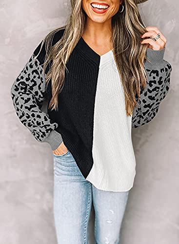 ANCAPELION Women’s V Neck Sweater Pullover Leopard Long Sleeve Basic Color Block Jumper Casual Knitted Tops Leopard Grey XX-Large