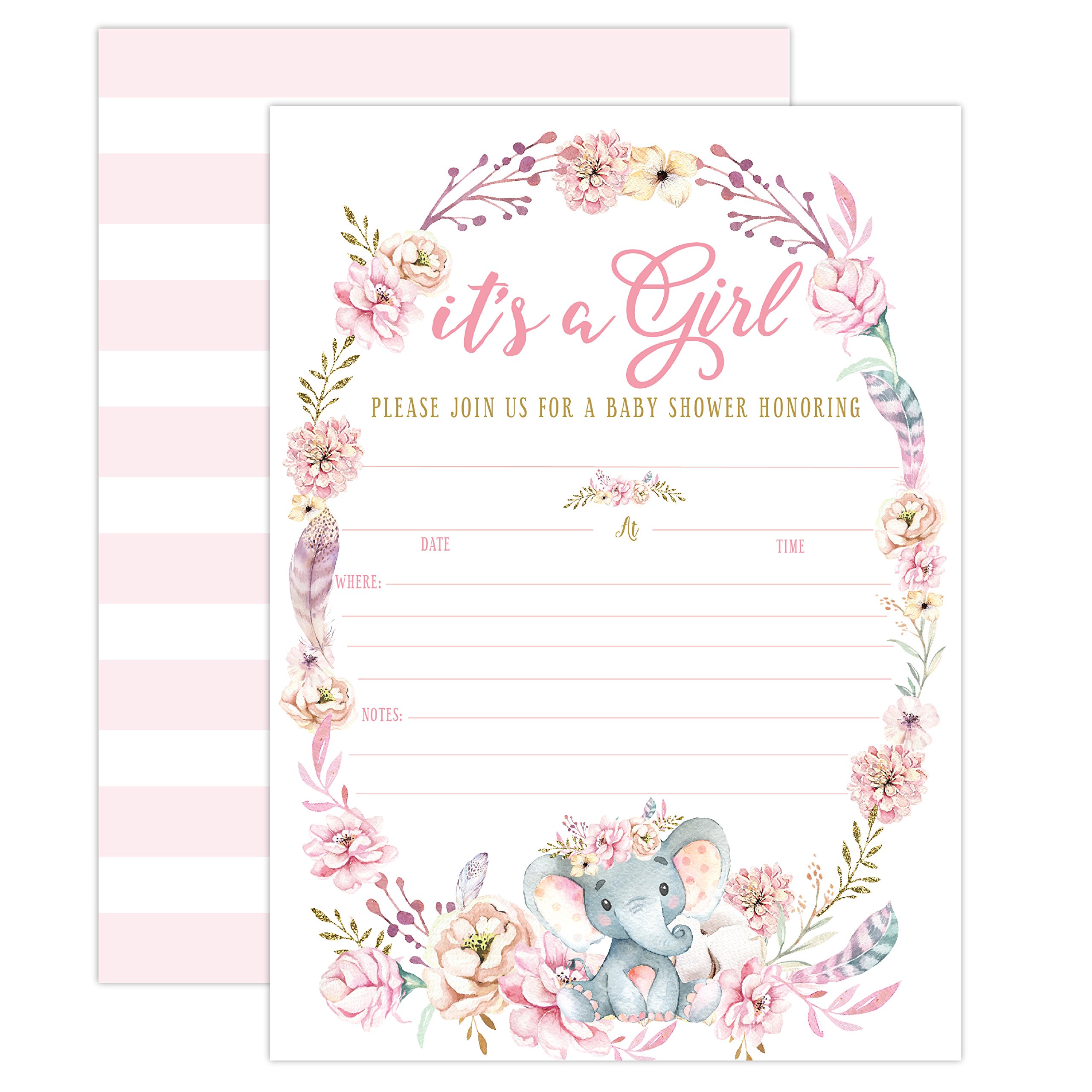 Elephant Baby Shower Invitation - Girl Pink Elephant Baby Shower - Jungle Baby Girl Shower Invite - It's a Girl - Baby Sprinkle Invite - 20 Fill-In Invitations - Envelopes Not Included