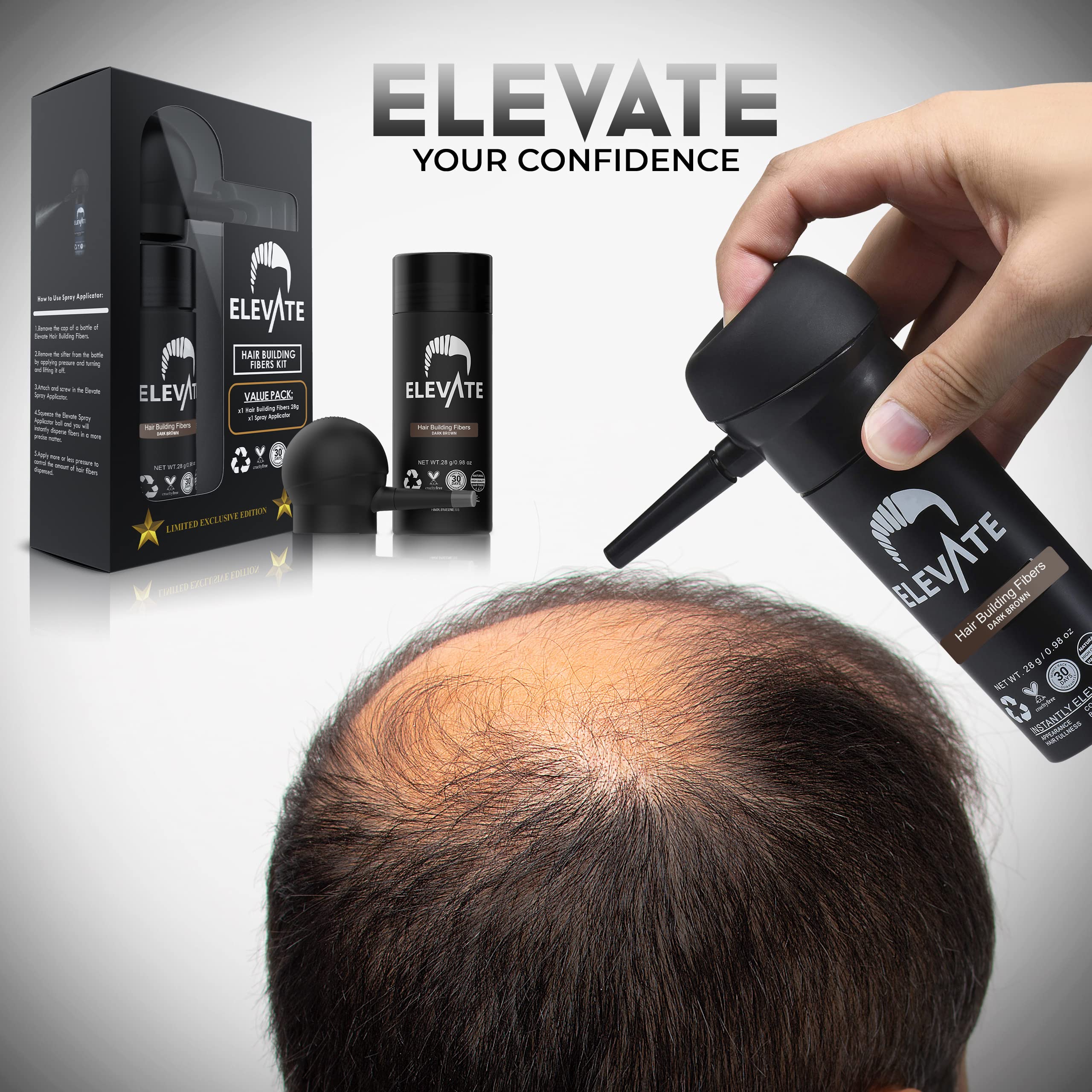 ELEVATE Hair Perfecting 2-in-1 Kit | Set Includes Natural Hair Thickening Fibers & Spray Applicator Pump Nozzle | Instantly Conceal & Thicken Thinning or Balding Hair Areas for Men Women (Dark Brown)