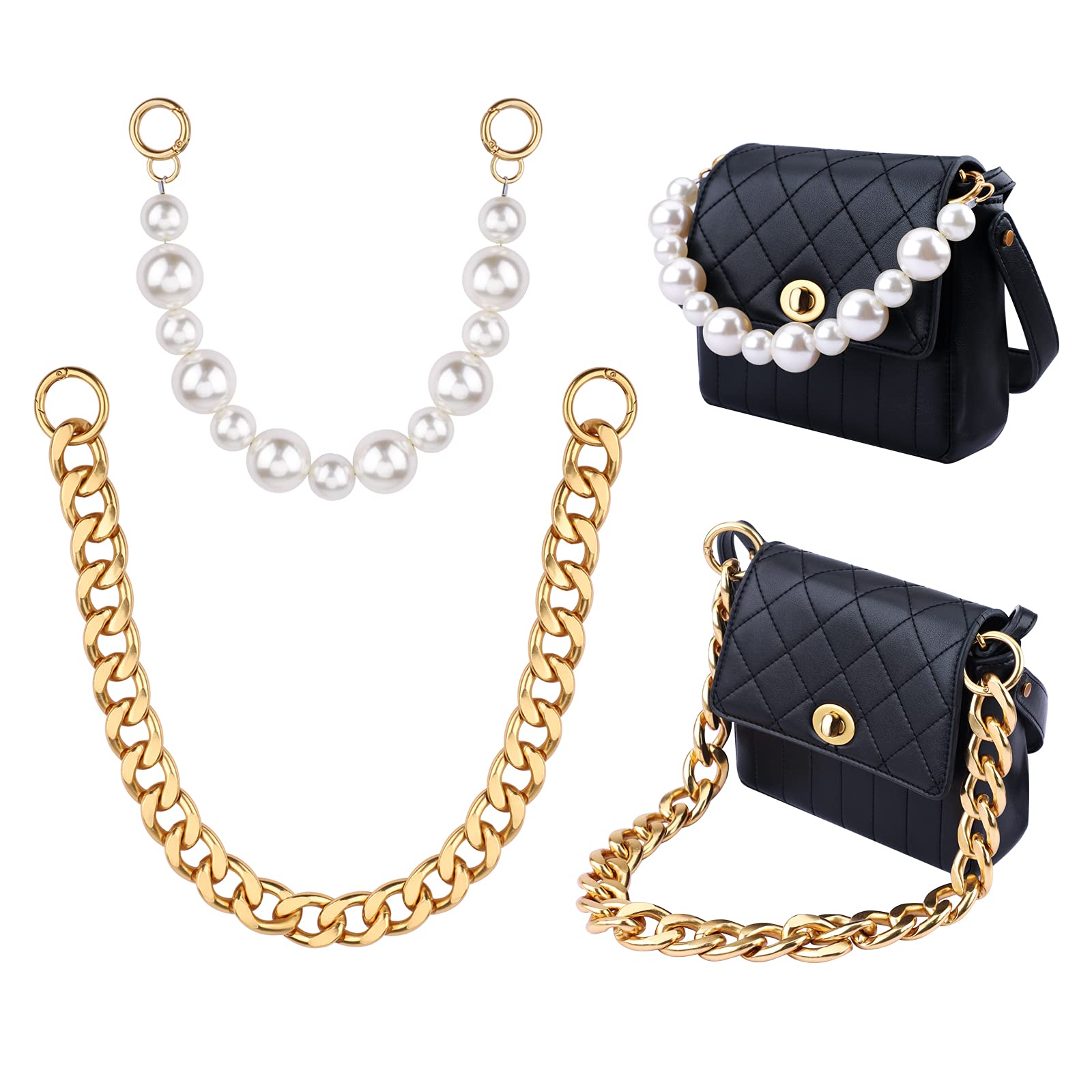 2Pcs Purse Replacement Chains,DIY Heavy Chunky Aluminum Metal Chain &Imitation Pearl Bead Purse Strap Handbag Chain Accessories DIY Chain Strap Handbag Chains for Bag Decoration