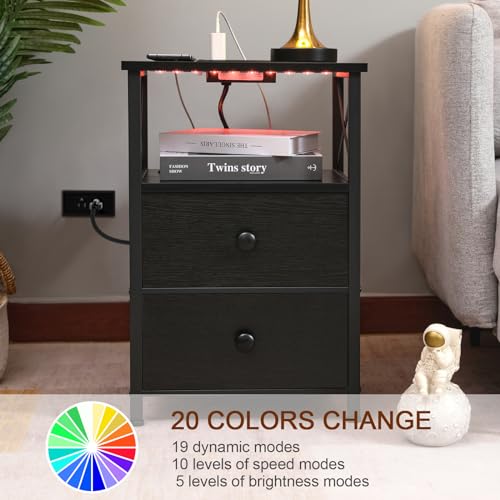 AMHANCIBLE LED Night Stand Set 2, Night Stands for bedrooms Set of 2 with Charging Station, Side Table with USB C Port and Outlet HET052LBK