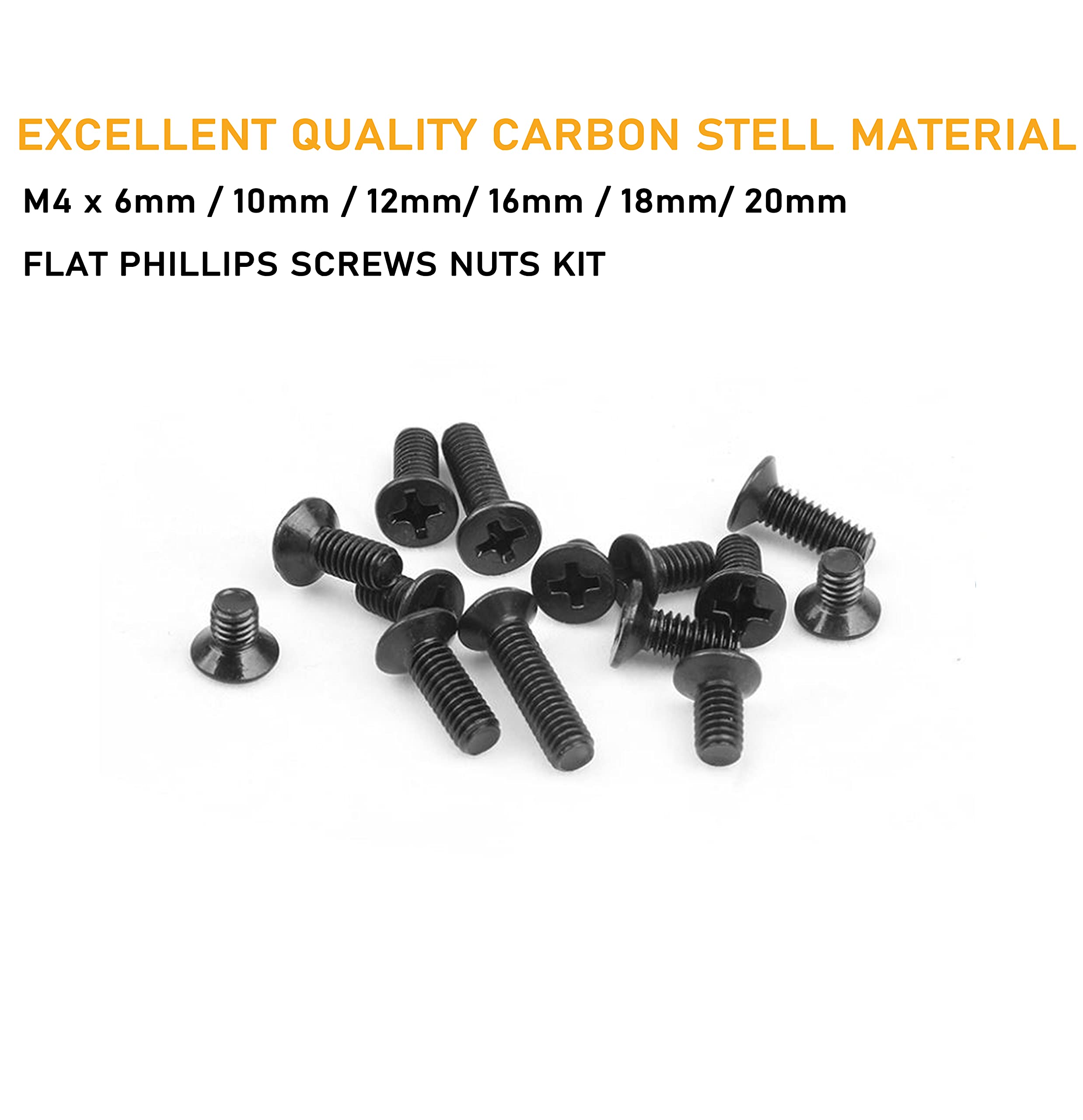 binifiMux M4 Flat Head Screws and Hex Nuts Phillips, M4 Countersunk Machine Screws, 220pcs (6 Sizes) M4-.7mm Black Bolts Nuts Assortment for Tv Stand,Computer Repairing, DIY