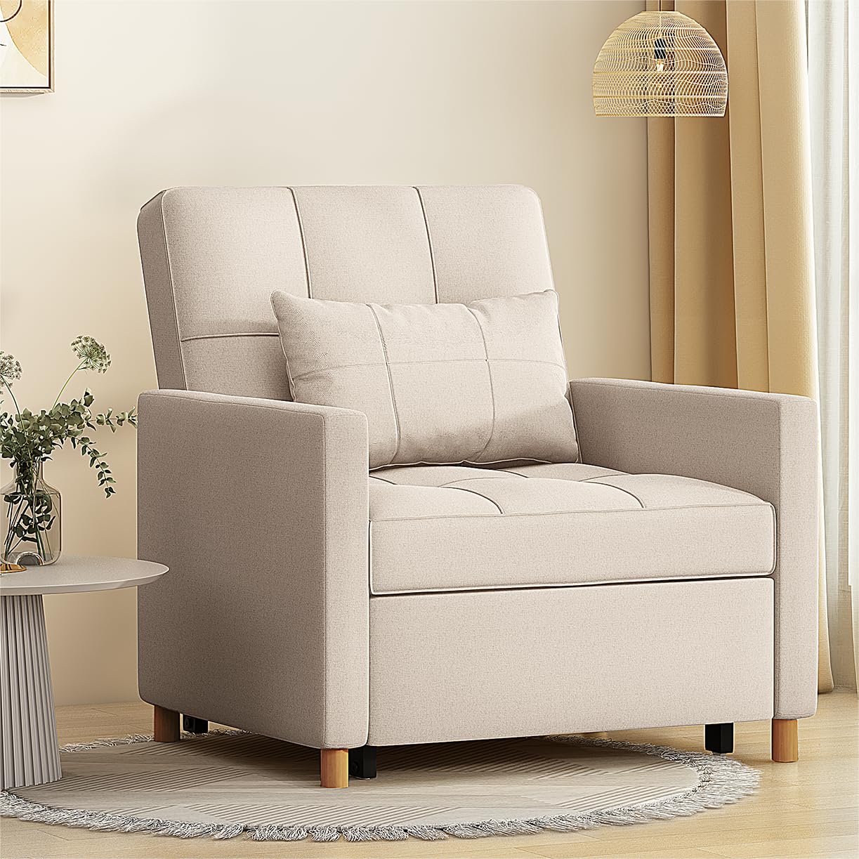 YODOLLA Sleeper Chair, 3 in 1 Chair Bed Sleeper for Adults, Fold Out Sofa Cama with Pillow and Convertible Backrest, Multi-Functional Couch Loveseat Reading Chair for Small Space, Beige