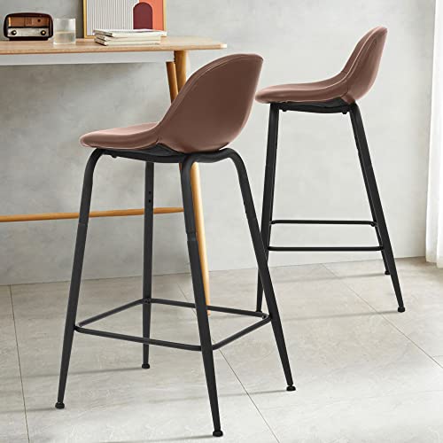 CangLong Faux Leather Back and Footrest Modern Counter Stool Chair Height for Pub Coffee Home Dinning Kitchen, Set of 2, Brown